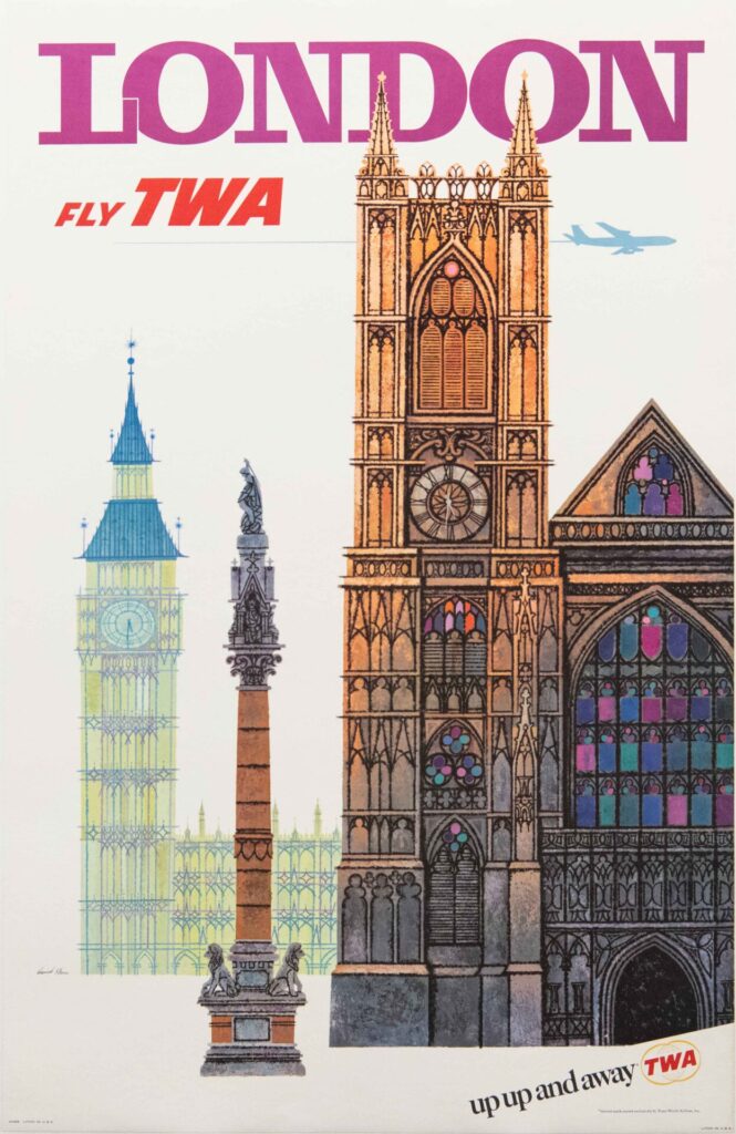 Vintage TWA Travel Poster for London 'Up, Up and Away' by David Klein ...